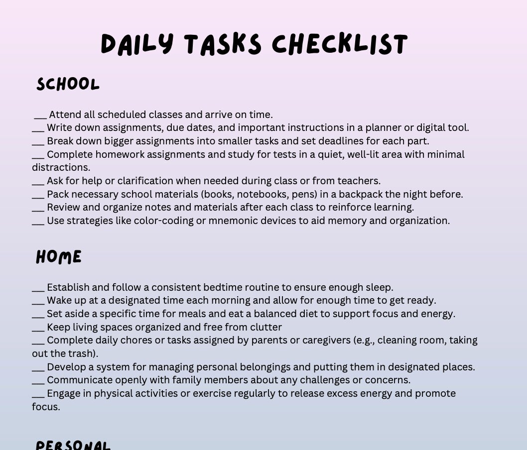 Daily Tasks Checklist for Adolescents With ADHD - Etsy