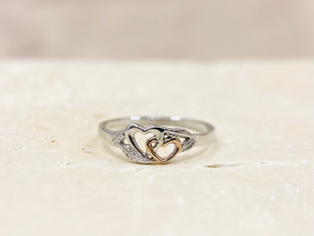 14K Solid Gold Double Heart Ring, Two Tone Rose & White Gold Heart ...