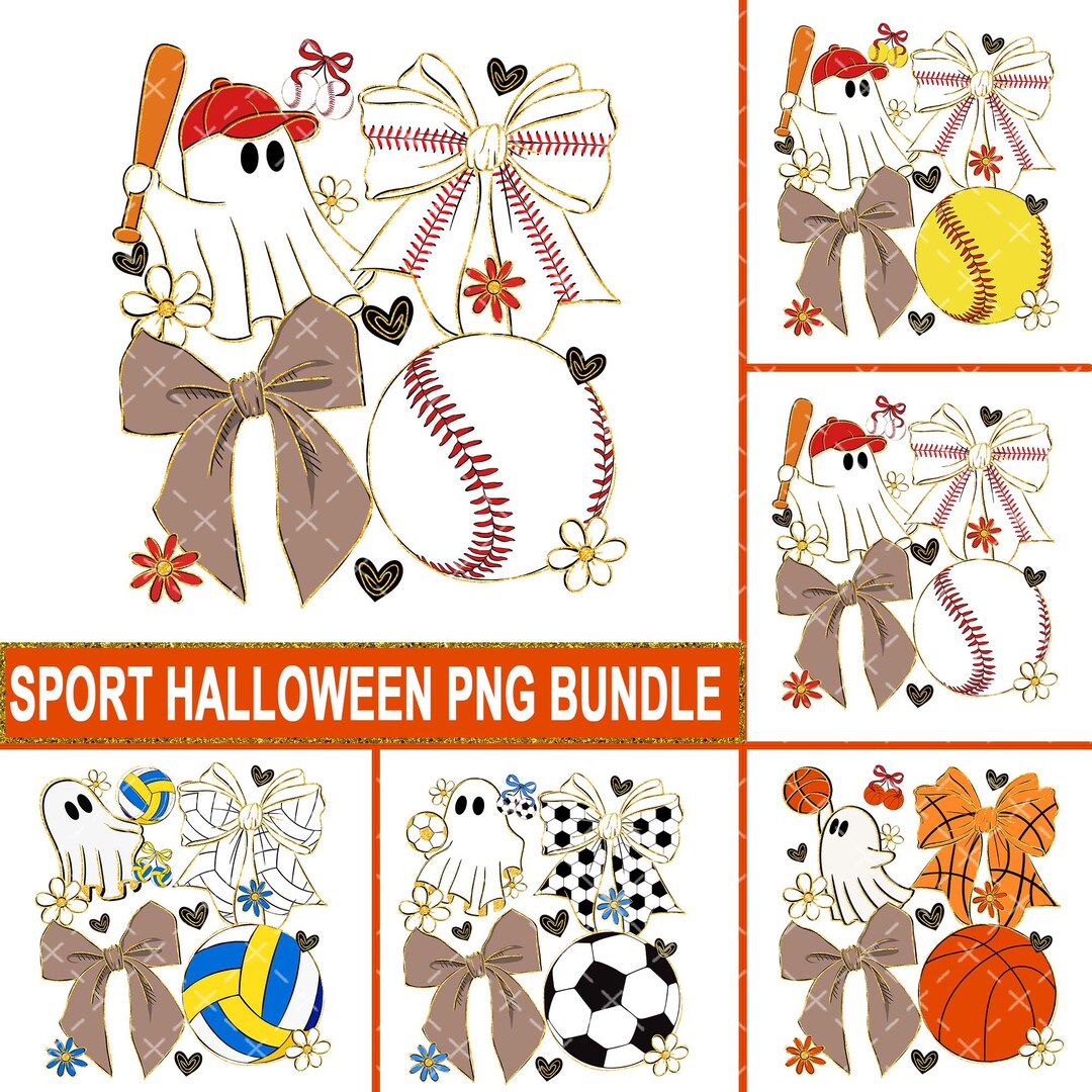 Sport Halloween PNG Bundle, Cute Ghost Clipart With Baseball Soccer ...