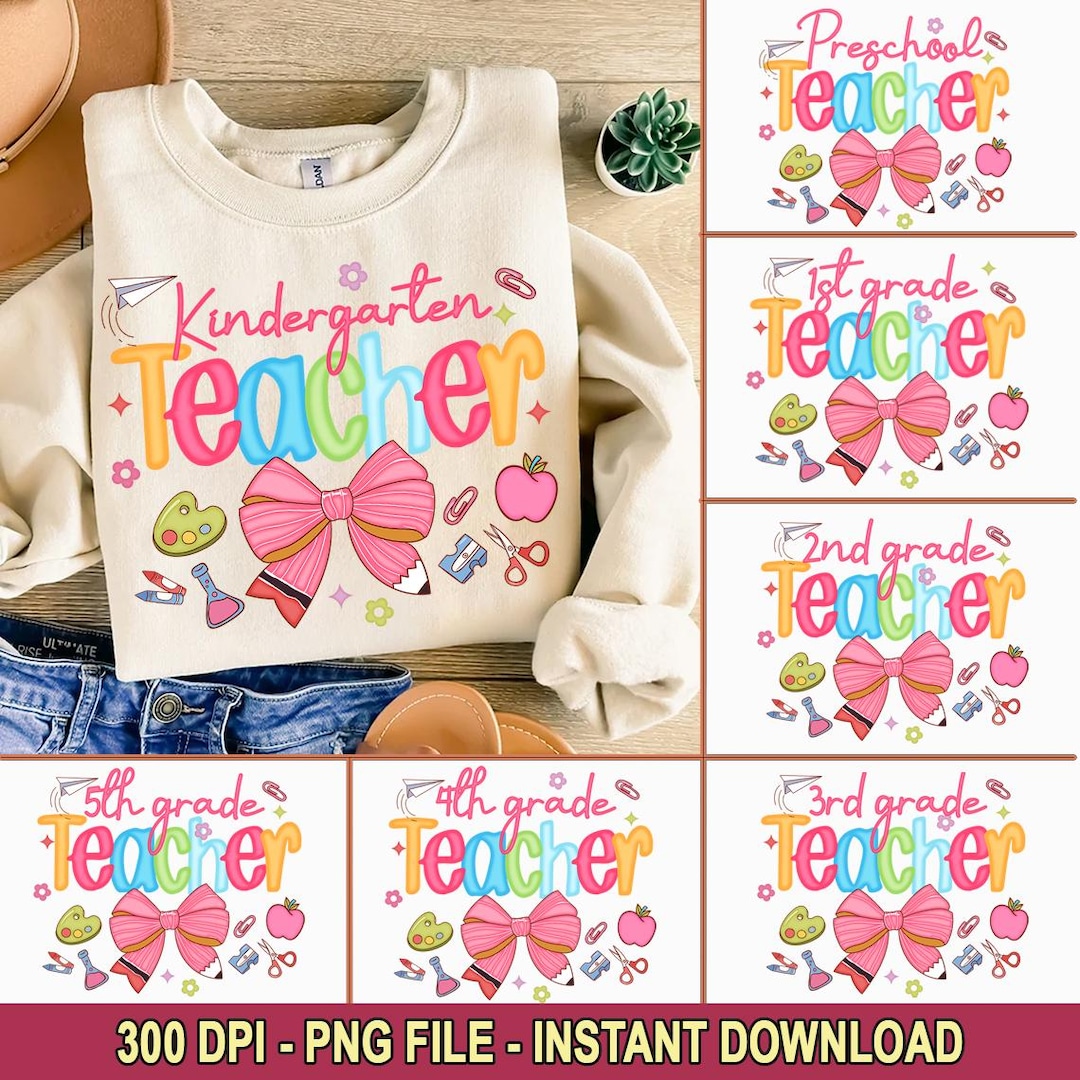 Preppy Coquette Bow Teacher Png Bundle,teacher Shirt Design, First Day ...