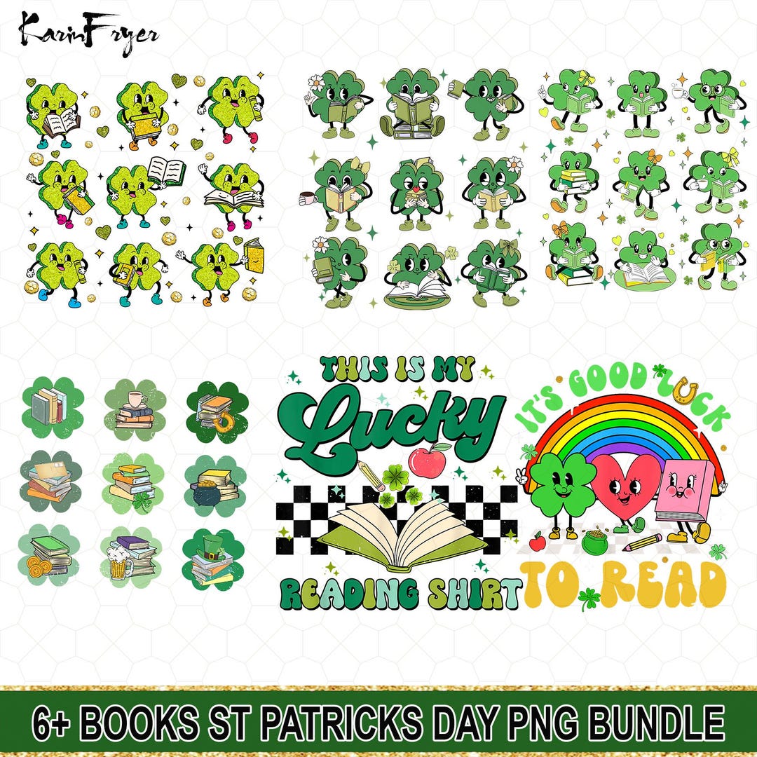 6 Shamrock Reading Png Bundle , St Patricks Gift for Bookish,bookworm ...