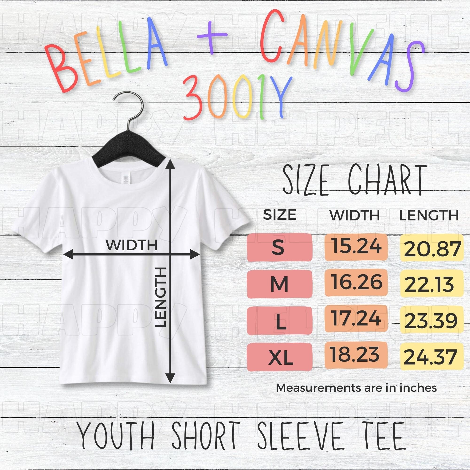 Bella Canvas 3001Y Size Chart Tshirt Mockup Bella Canvas Youth T-shirt Sizing Chart for Bella ...
