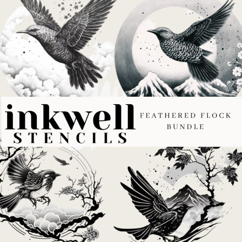 SVG + PNG BUNDLE - Feathered Flock Tattoo Stencil / Flash Pack - Etsy