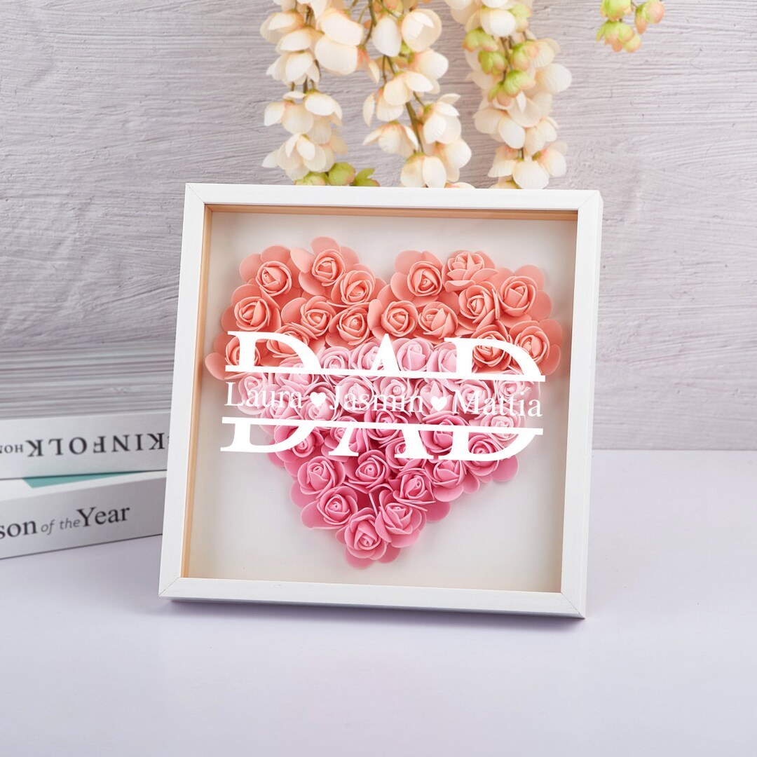 Custom Dad Heart Shaped LED Flower Shadow Box,personalized Heart Flower ...