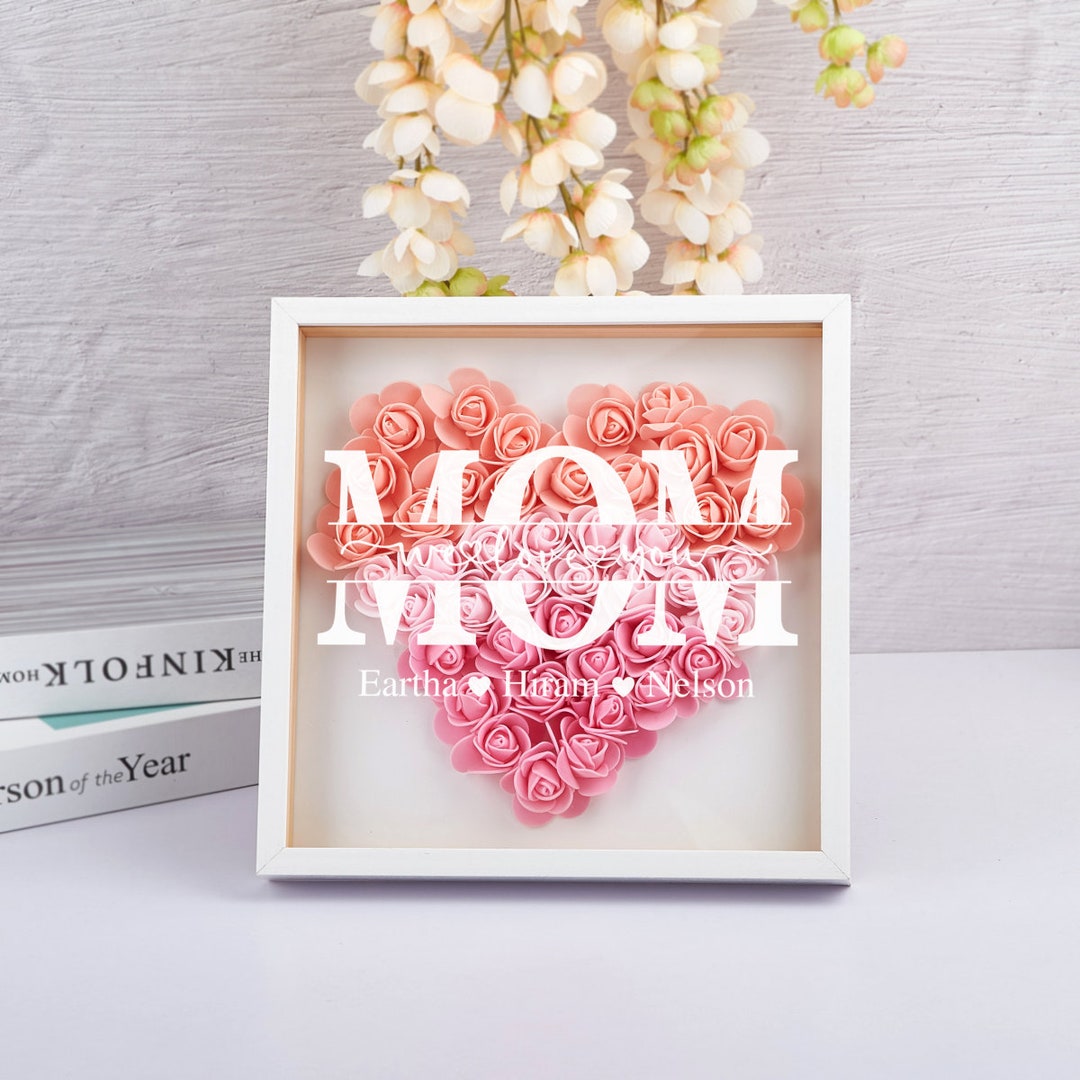 Mom Heart Shaped Monogram Flower Shadow Box, Customized Gift for Any ...