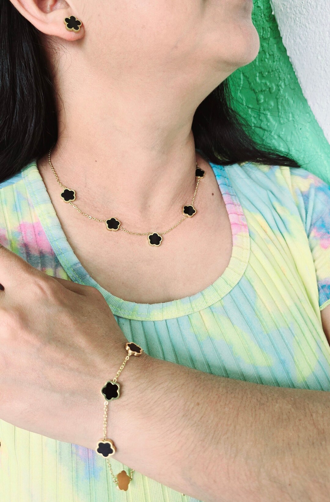 Van Cleef Inspired 18k Gold Plated Jewelry Set, Stud Earrings, Gold ...