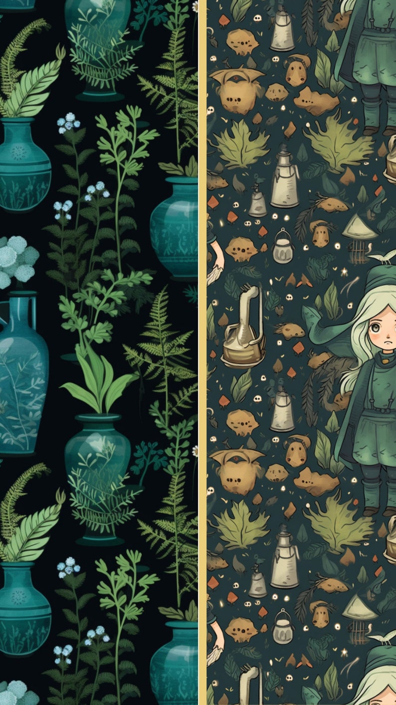 Goblincore Digital Paper, Seamless Forest Witch Patterns With Leaves ...