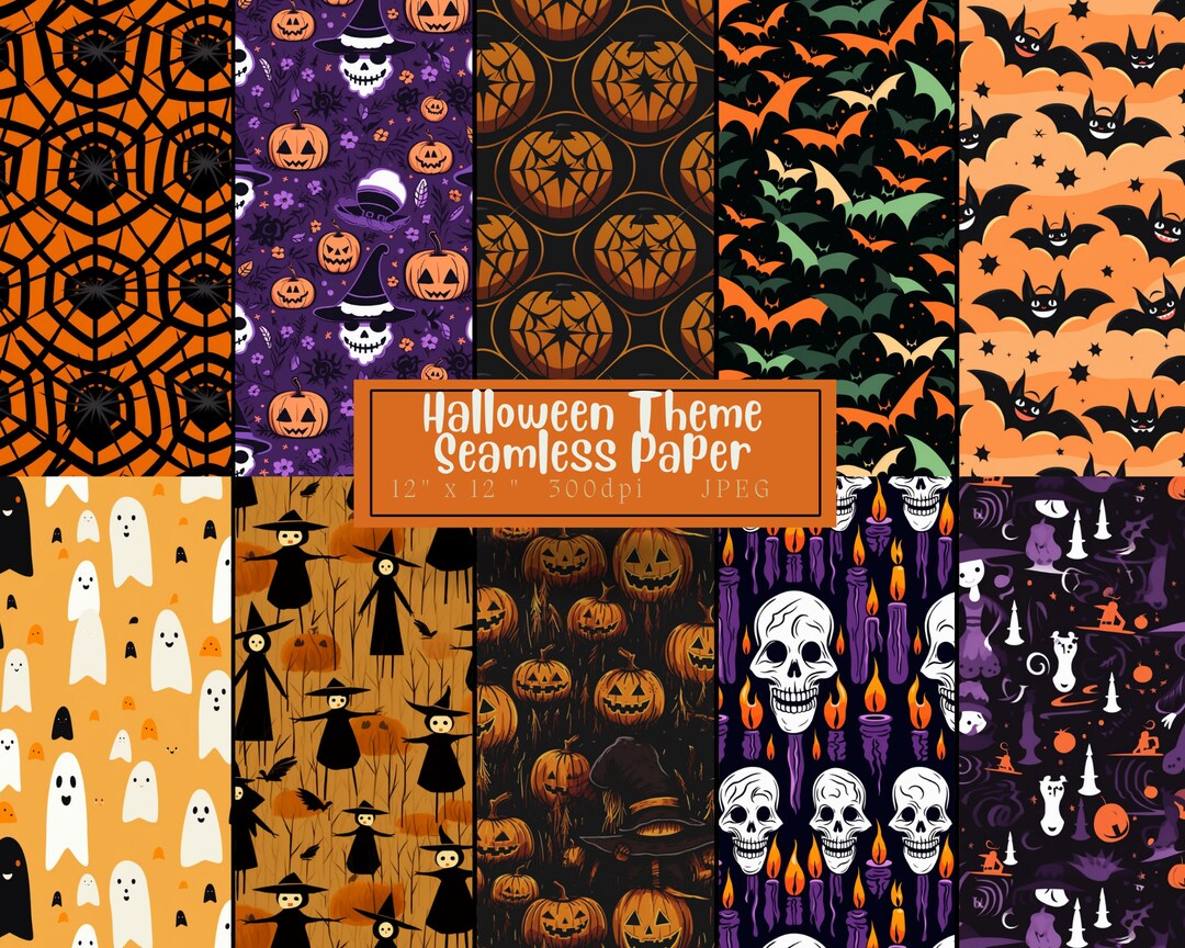 Halloween Theme Digital Paper, Seamless Bats Witch Patterns With Leaves ...