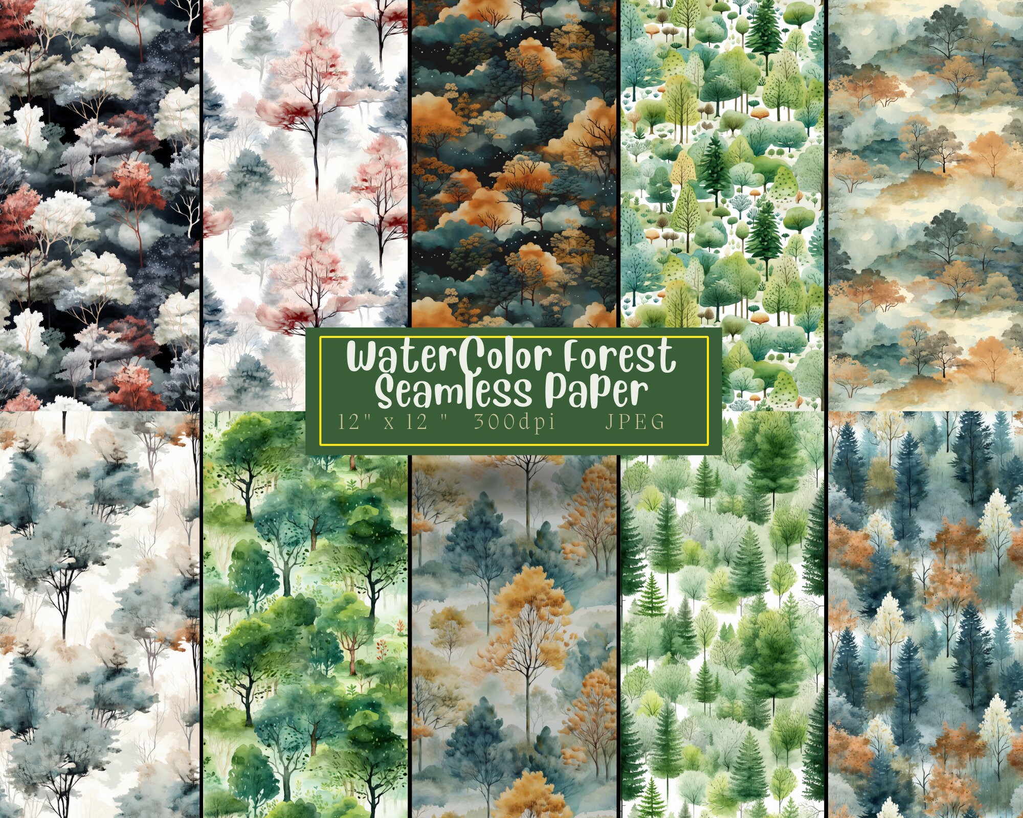 Water Color Forest Digital Paper, Leafy Colorful Watercolor Forest ...