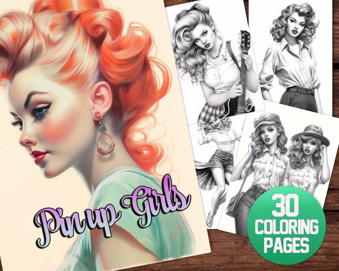 Pin up Girl 30 Coloring Pages, Instant Download, Grayscale Coloring ...