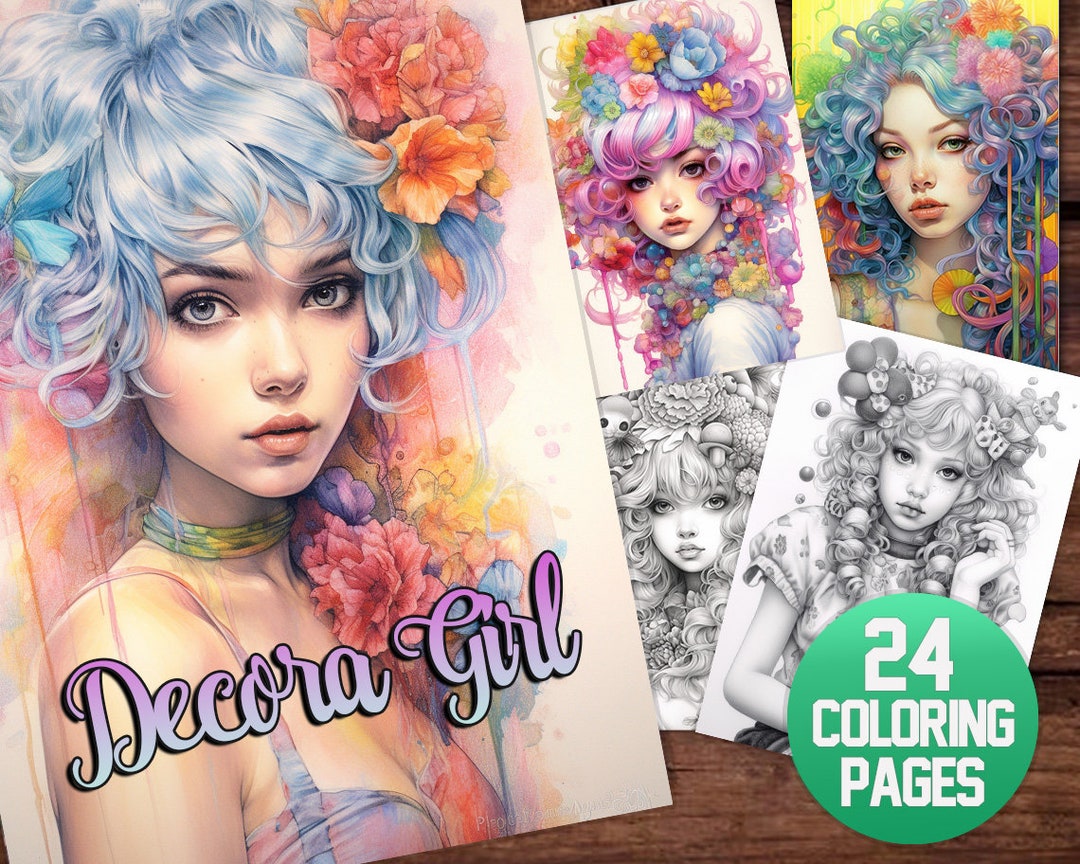Decora Girl 24 Coloring Pages Instant Download Grayscale Coloring