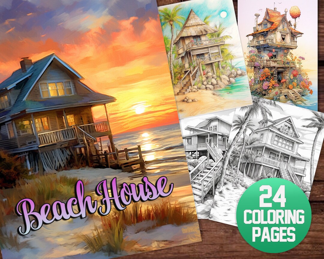 Beach House 24 Coloring Pages, Instant Download, Grayscale Coloring ...