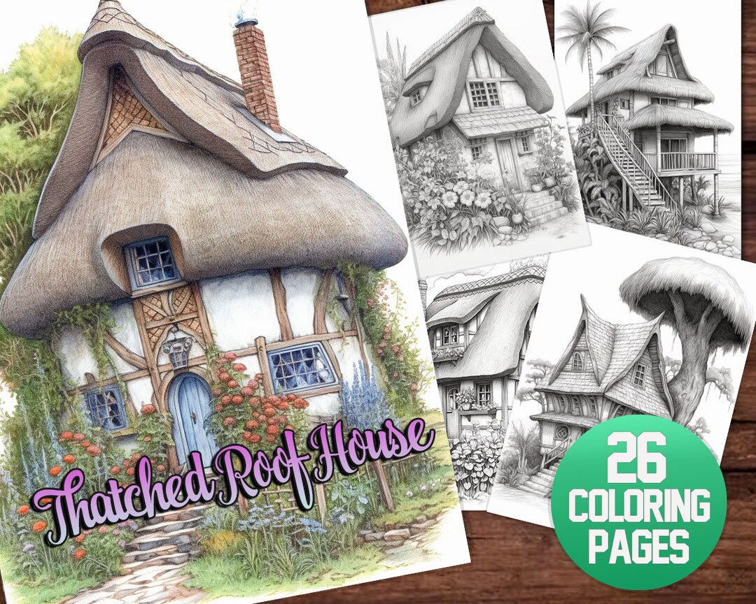 Thatched Roof House 26 Coloring Pages, Instant Download, Grayscale ...