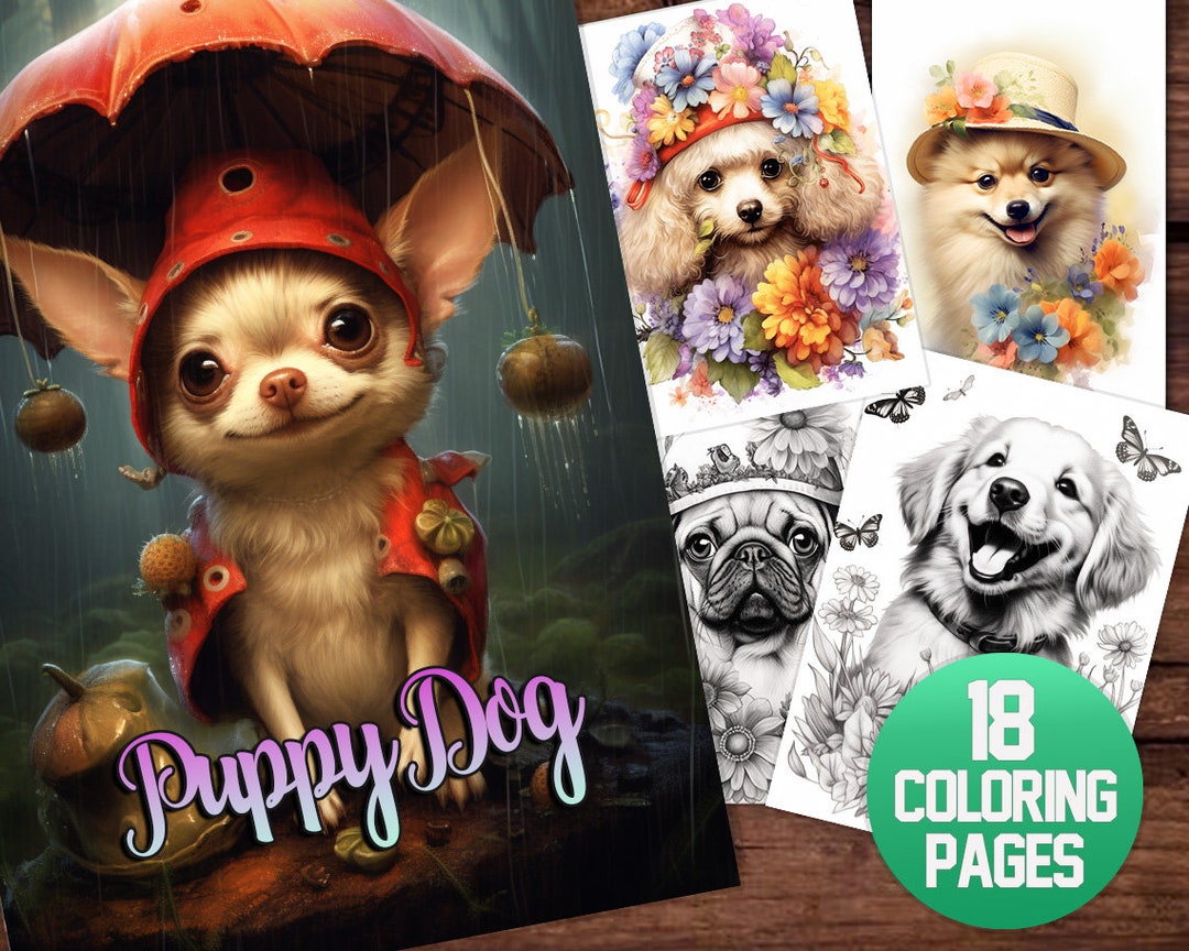 Puppy Dog 18 Coloring Pages, Instant Download, Grayscale Coloring Book ...