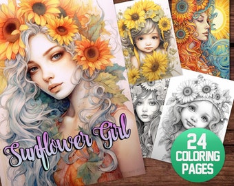 65 Sunflower Girl Coloring Book Adult Coloring Autumn - Etsy