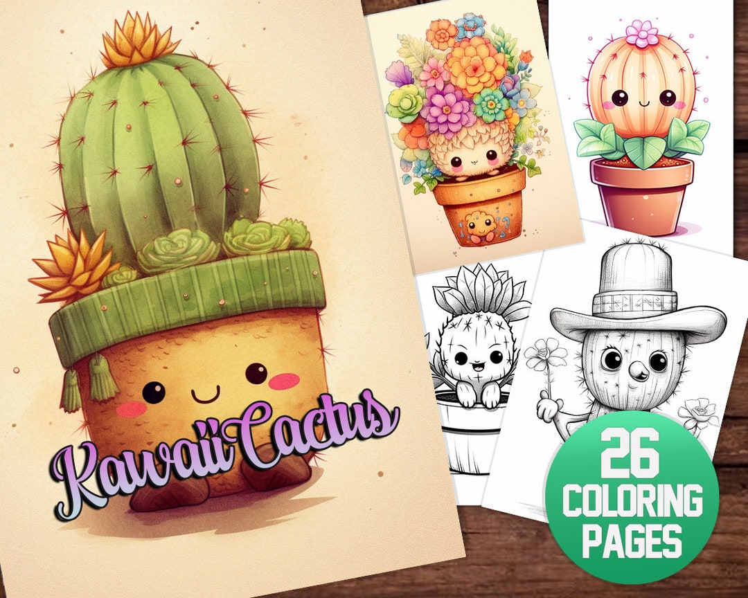 Kawaii Cactus 26 Coloring Pages, Instant Download, Grayscale Coloring ...