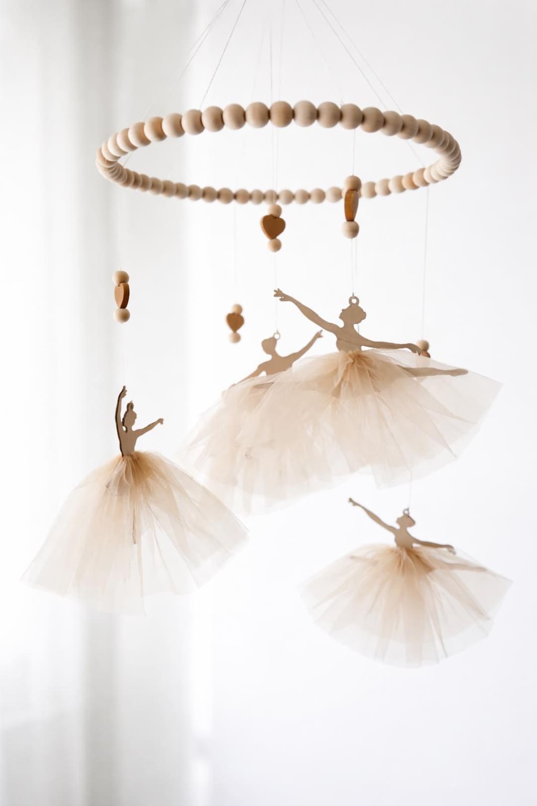 Wooden Ballerina Baby Mobile With Soft Beige Tulle Skirts – Crib Mobile ...