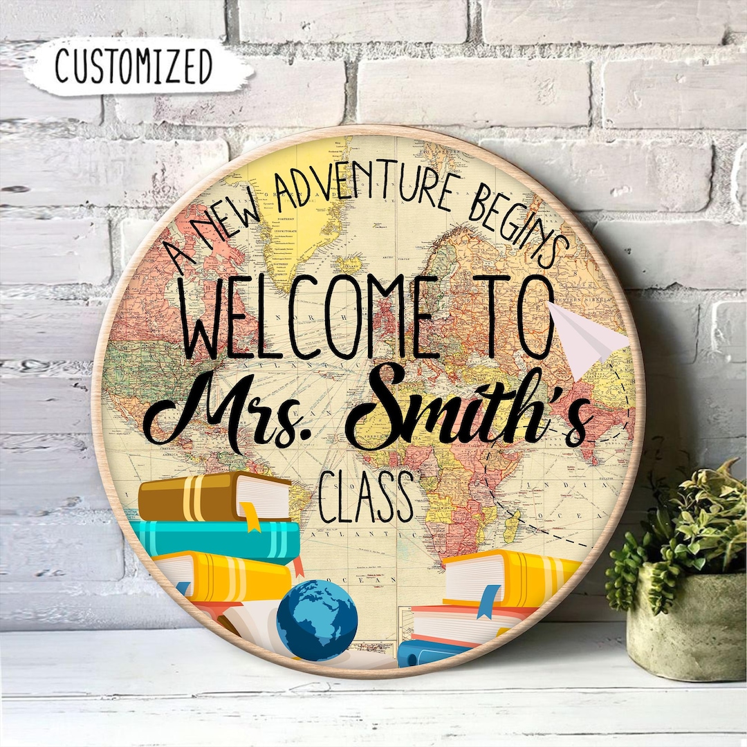 Personalized Welcome Classroom Door Sign, World Map Adventure Themed ...