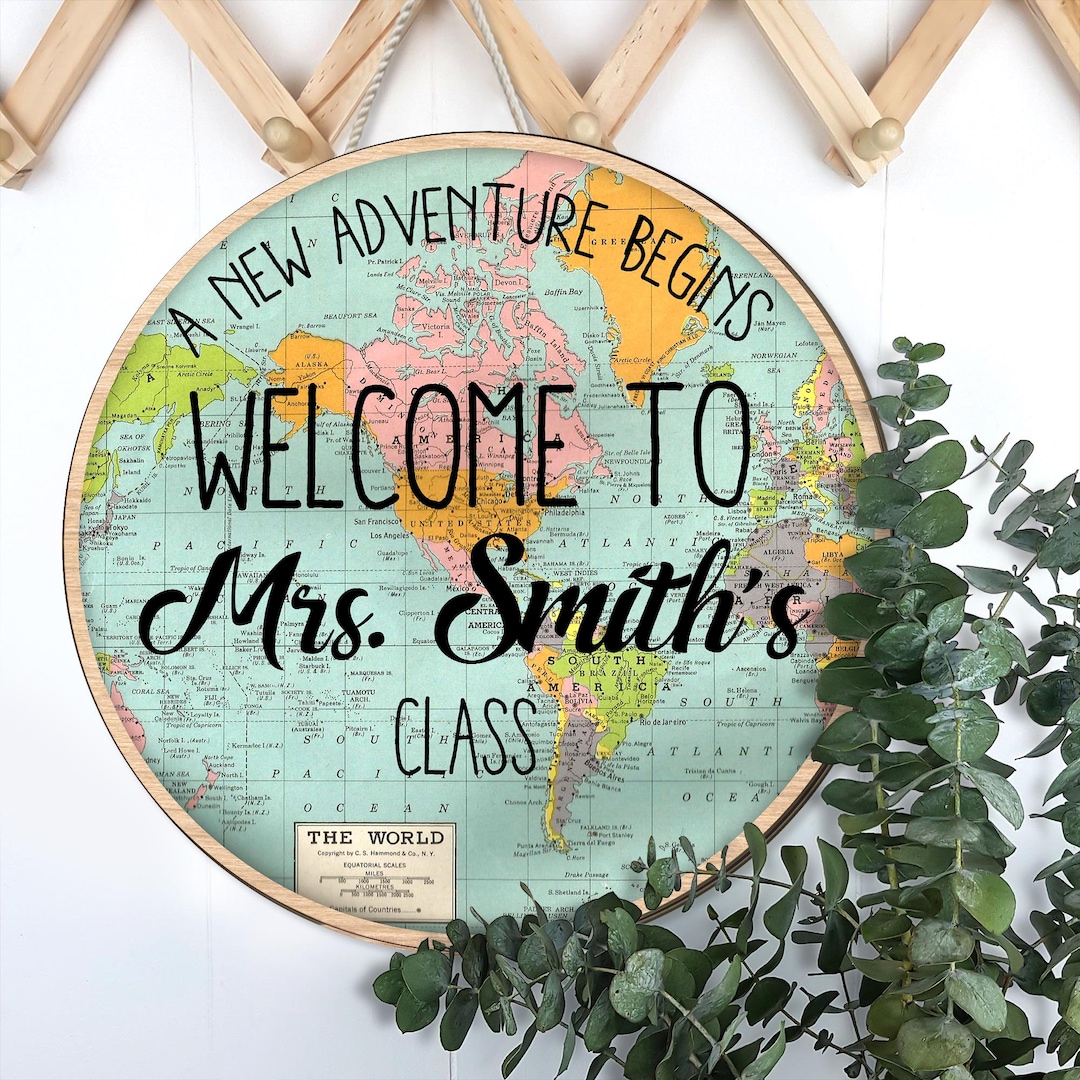 Personalized Welcome Classroom Door Sign, World Map Adventure Themed ...