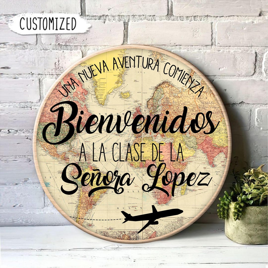 Personalized Bienvenidos Spanish Classroom Door Sign, World Map ...