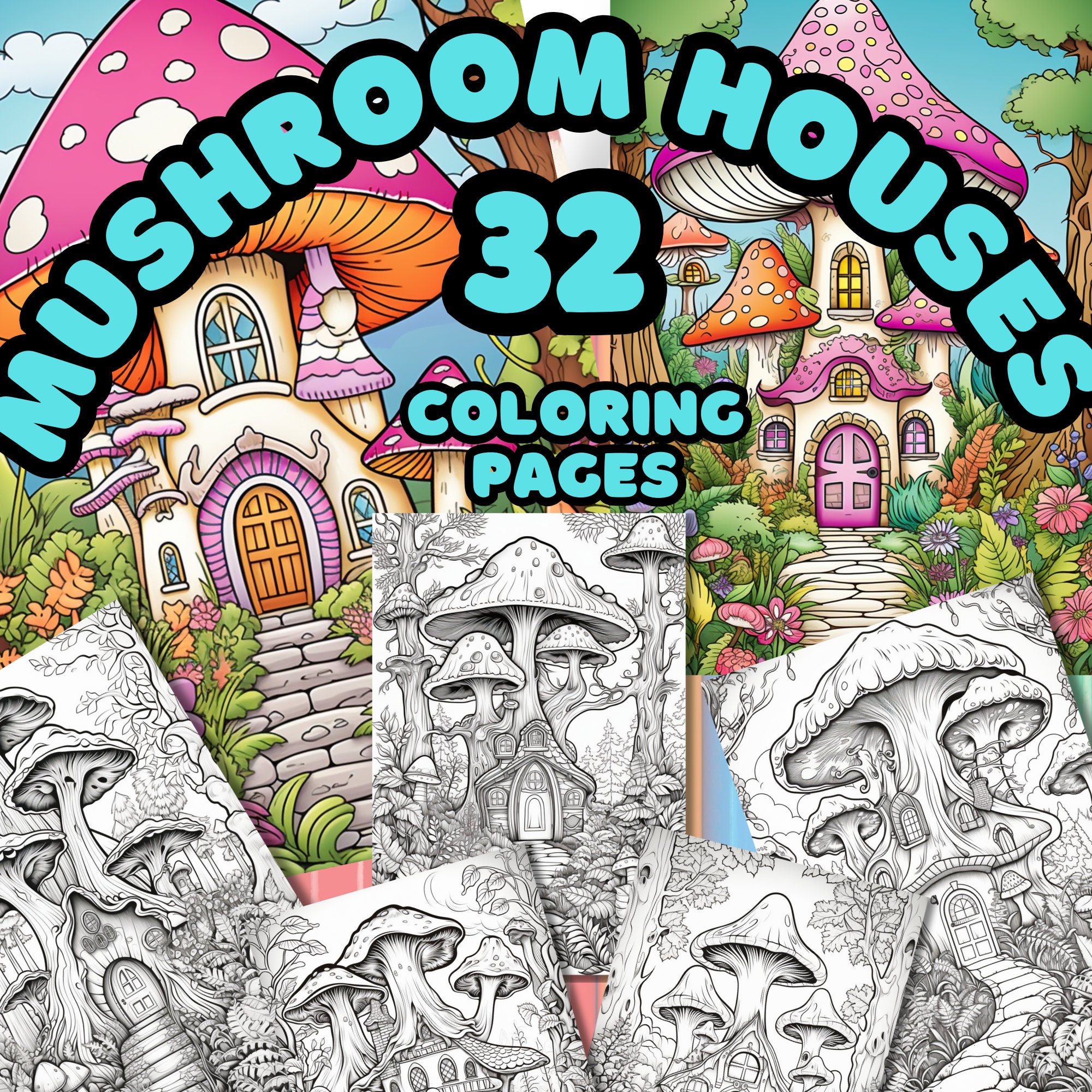 Charming Mushroom Houses Coloring Pages Digital Coloring Book for Kids ...