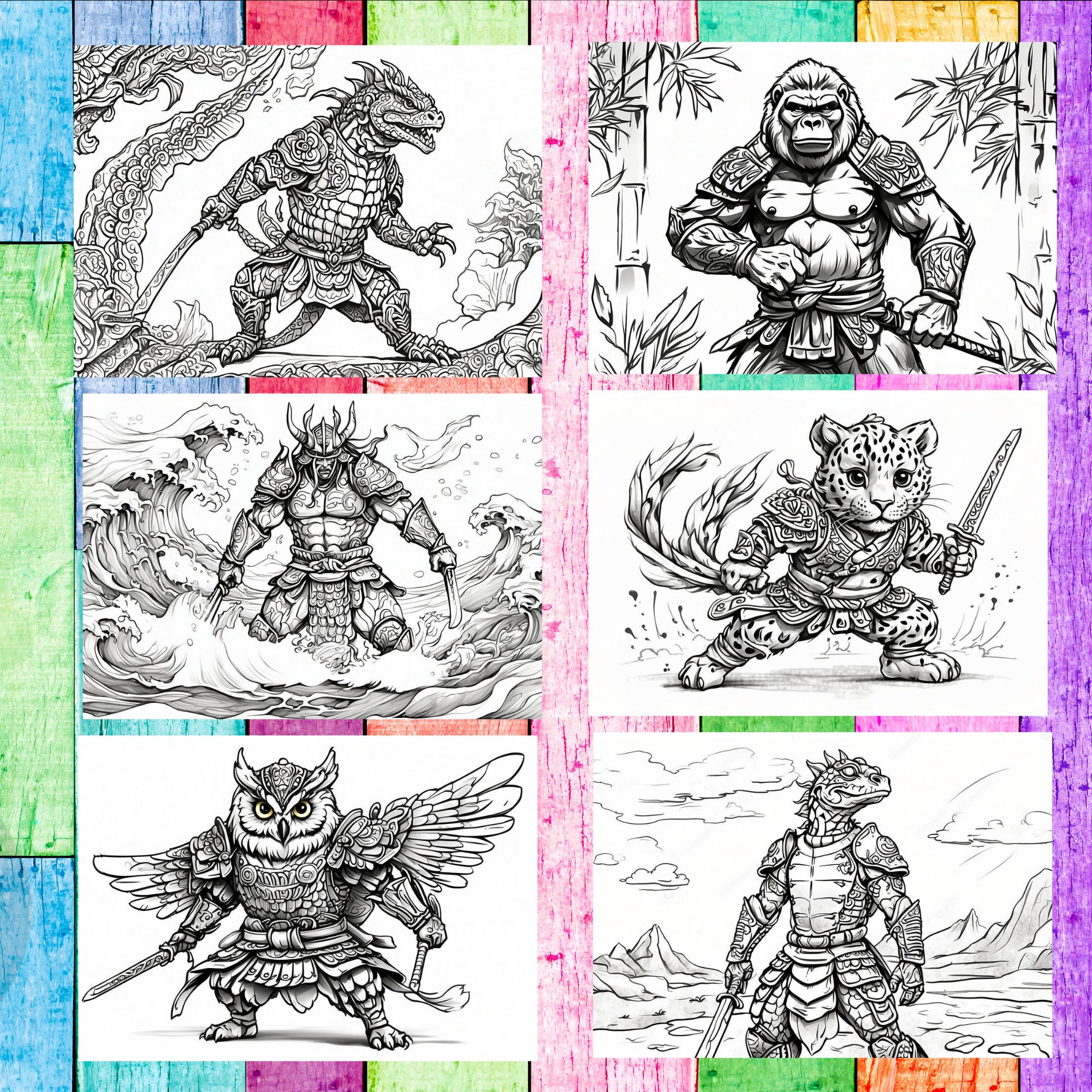 Animal Warriors Color Page Fantasy Coloring Book Digital Download of ...