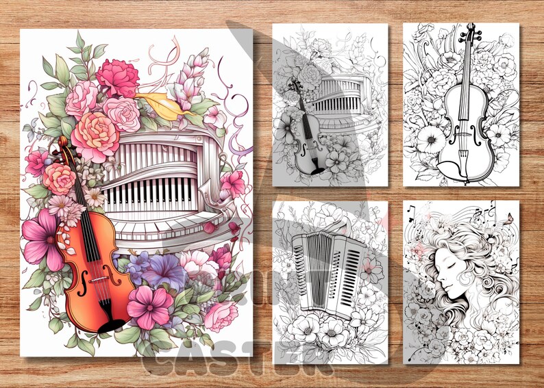 Floral Guitars and Musical Instruments Coloring Pages - Detailed ...