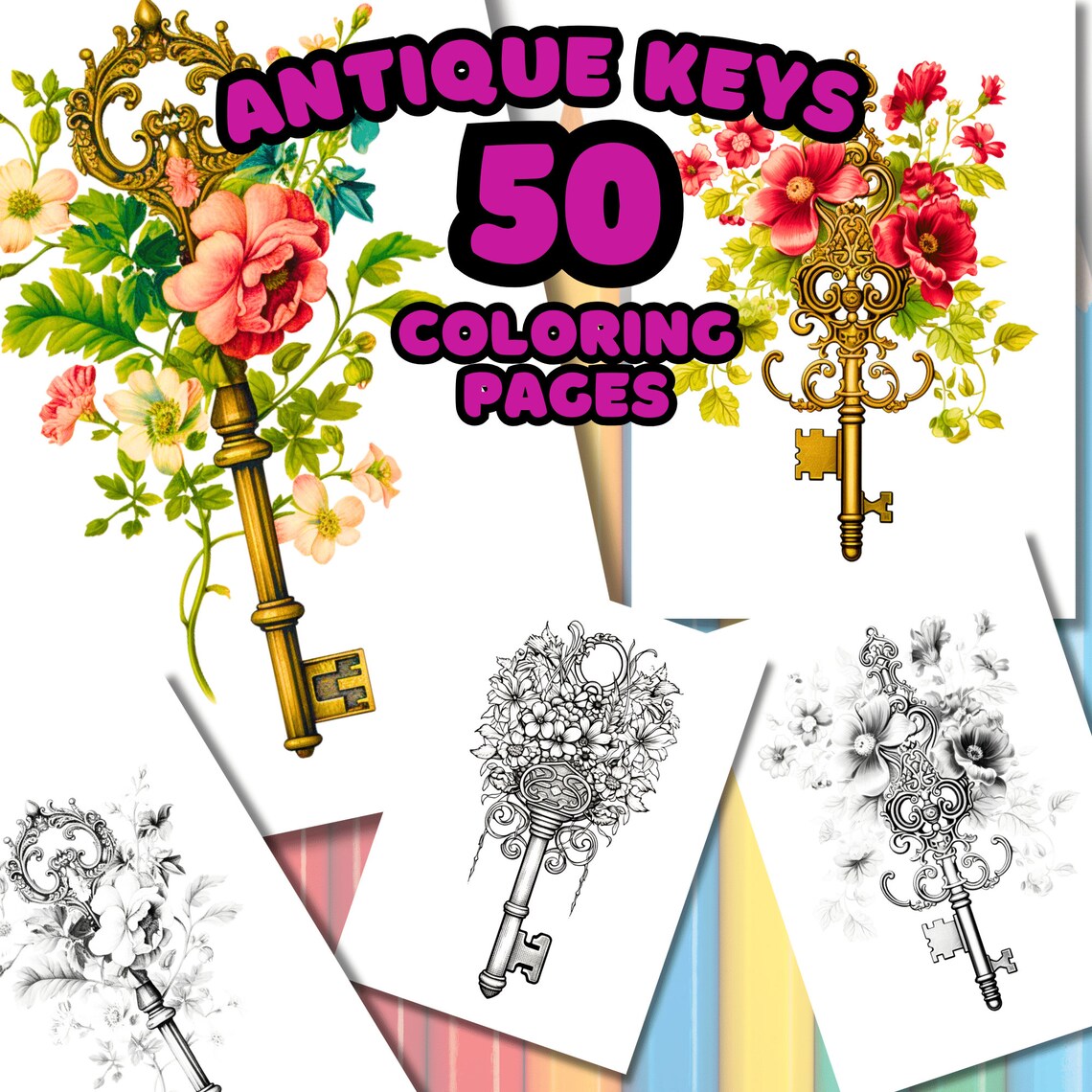 Blooming Antique Keys Coloring, Adult Coloring Book, Flower Key Color ...