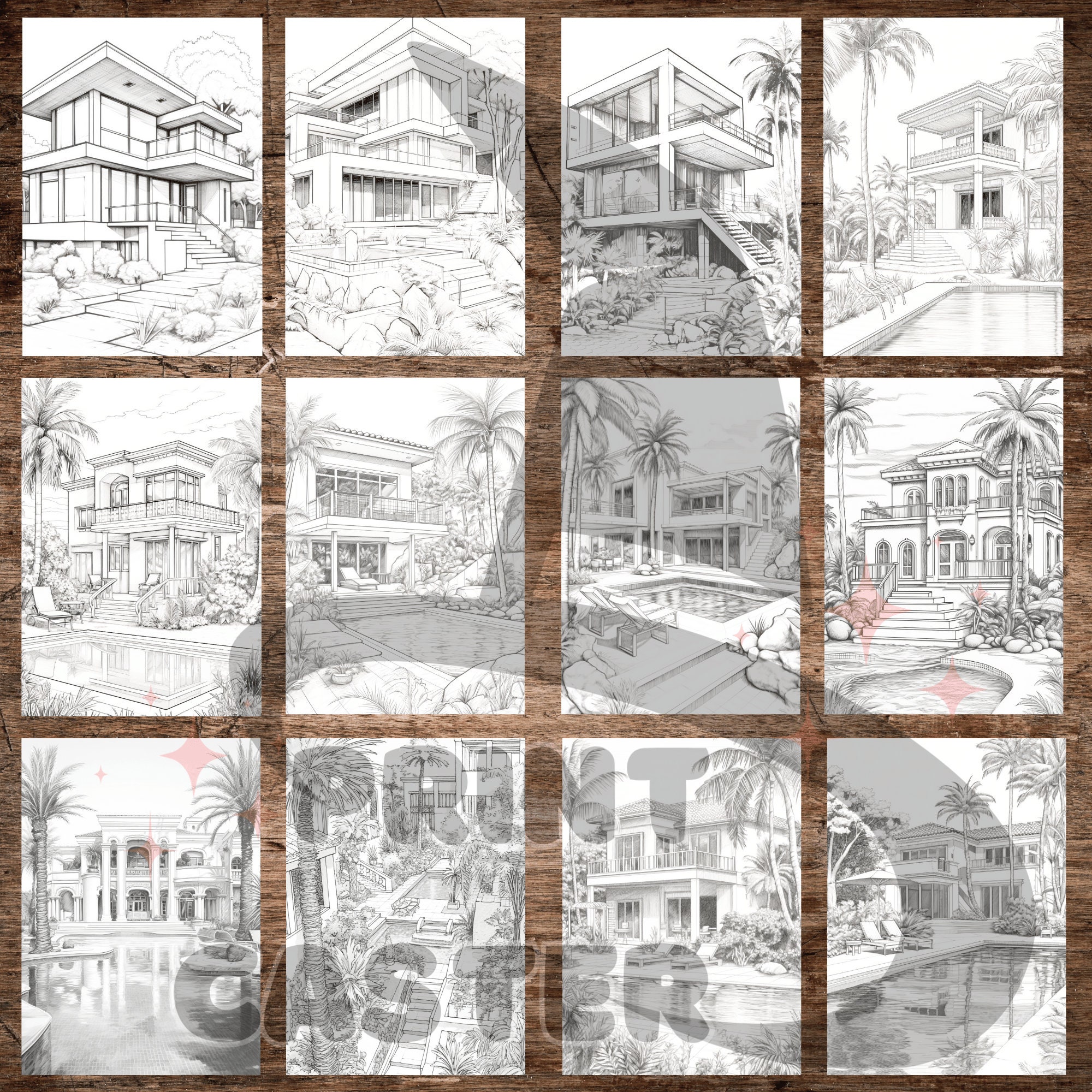Luxury Villas Color Pages: Adult Coloring of Architecture, Grayscale ...