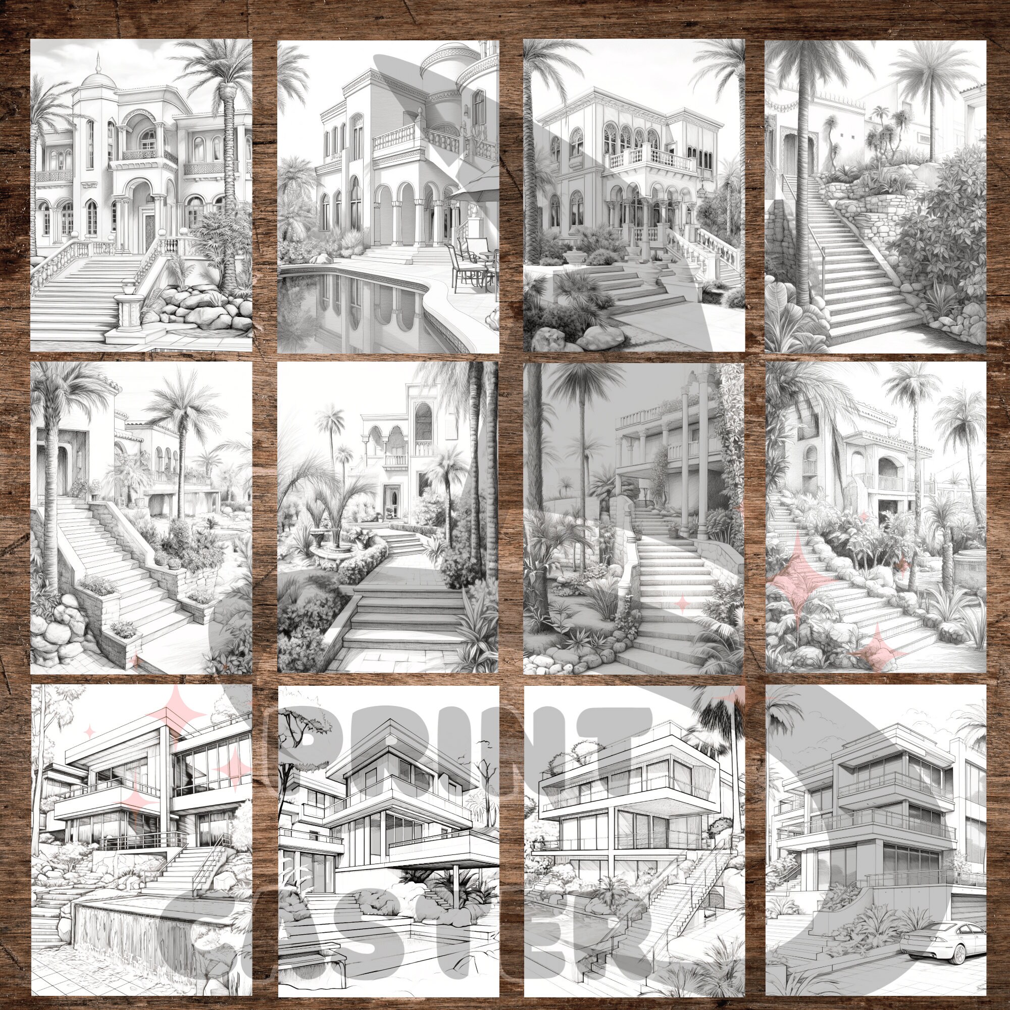 Luxury Villas Color Pages: Adult Coloring of Architecture, Grayscale ...