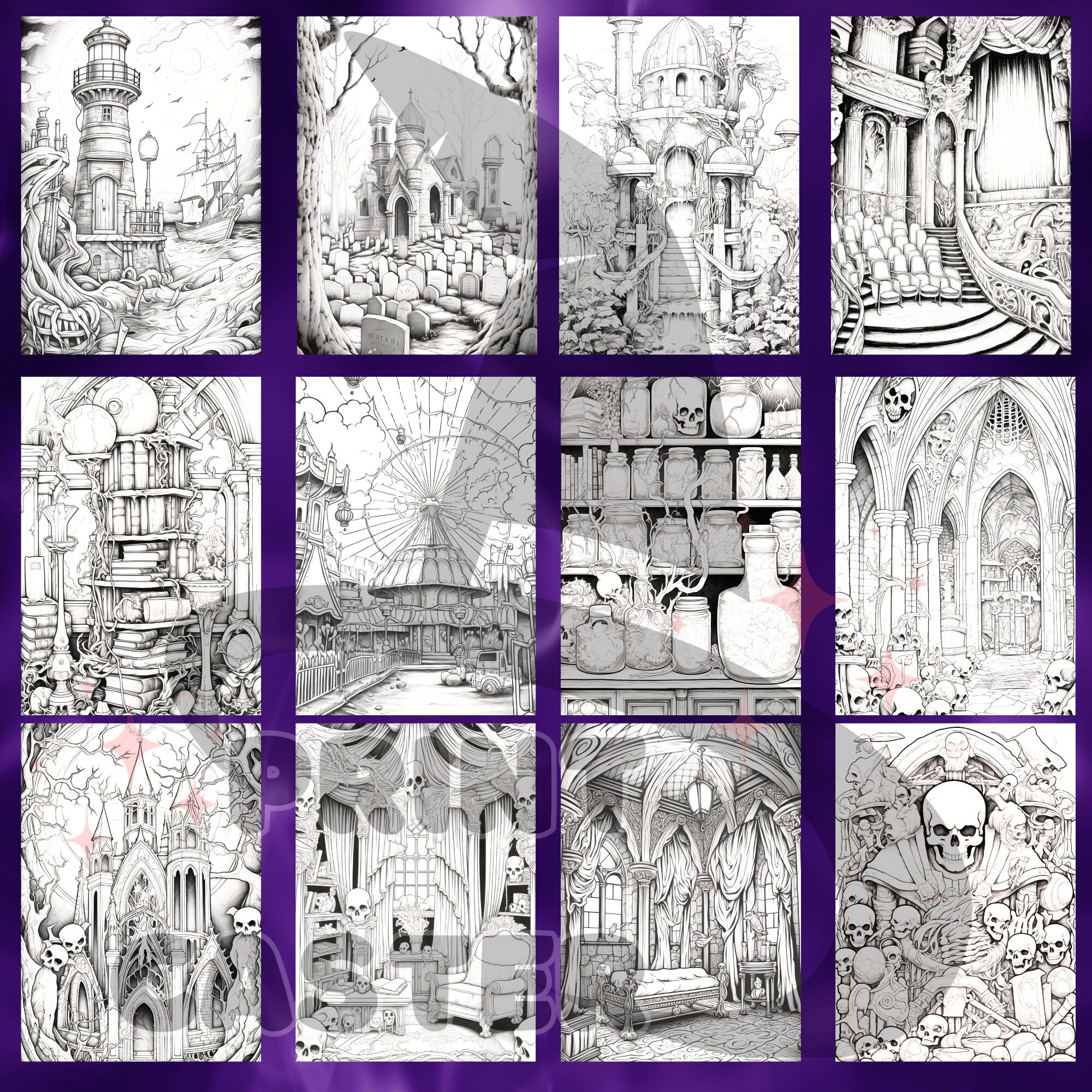 Spooky Halloween Coloring Pages: Haunted Houses Libraries - Etsy