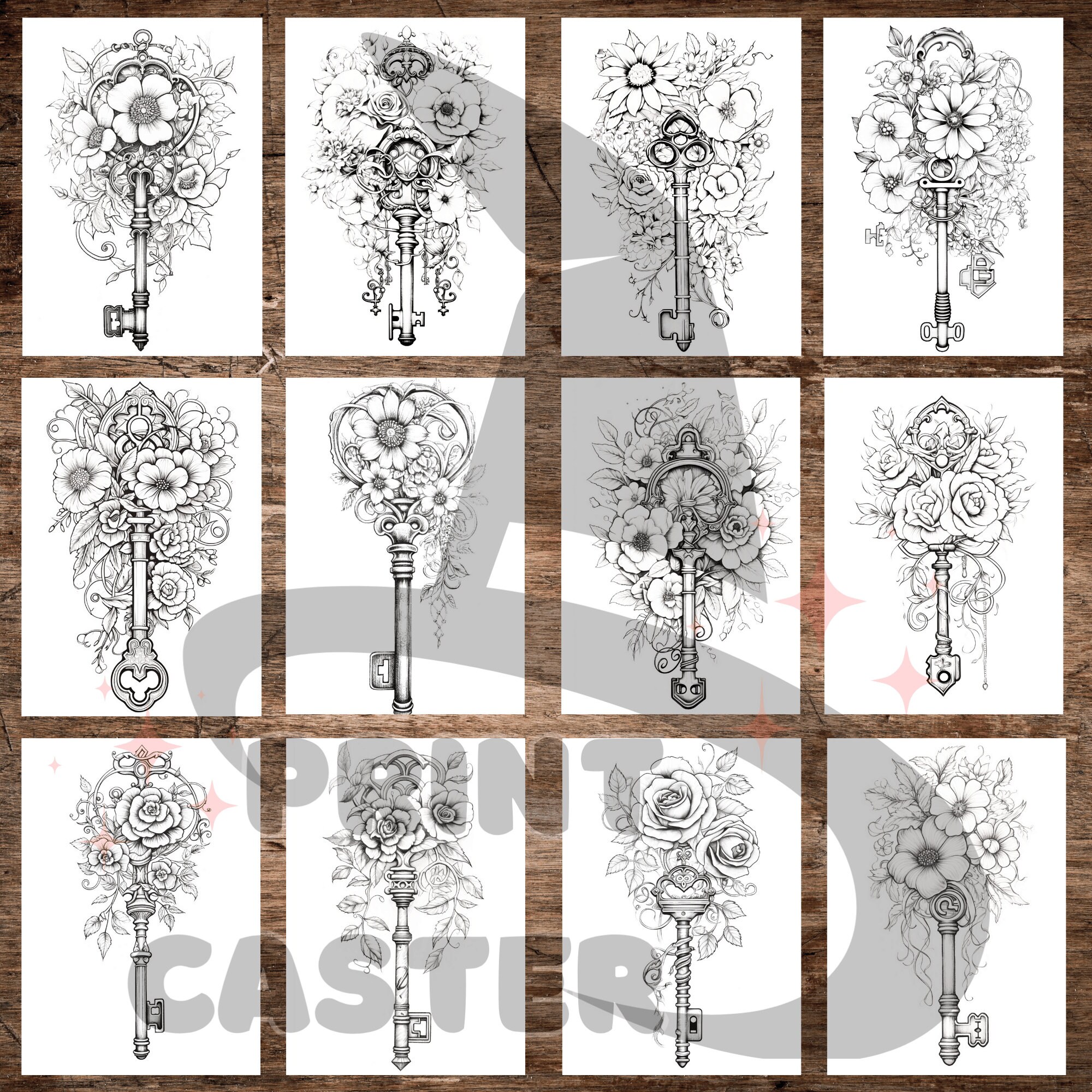 Blooming Antique Keys Coloring, Adult Coloring Book, Flower Key Color ...