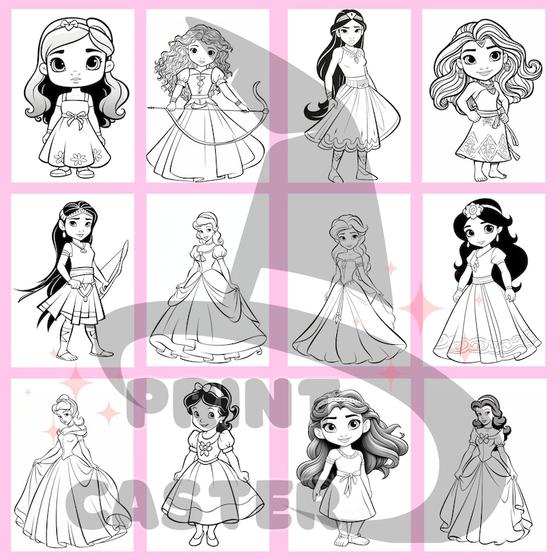 Princess Color Pages: Digital Illustration, Instant Download, Grayscale ...