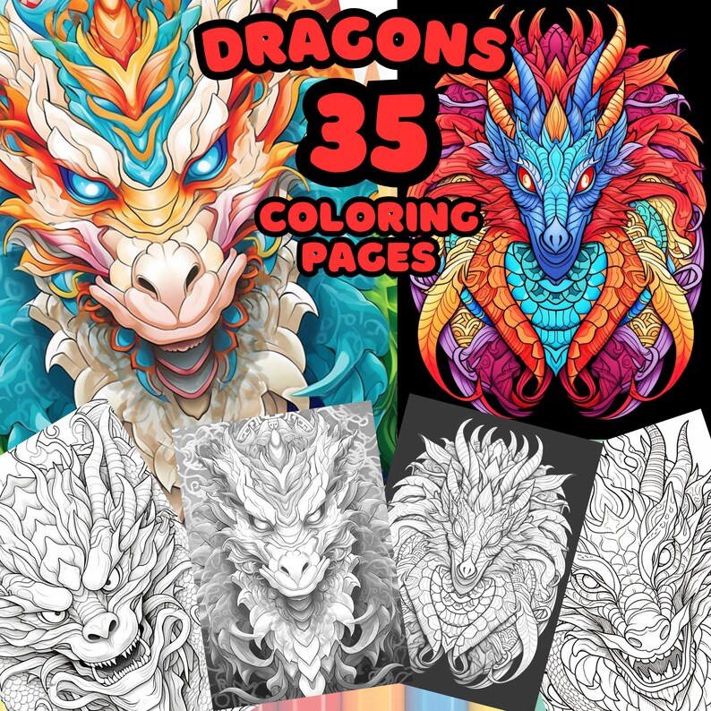 Dragon Coloring Pages | Dragon Fantasy Coloring Page Book | Grayscale ...