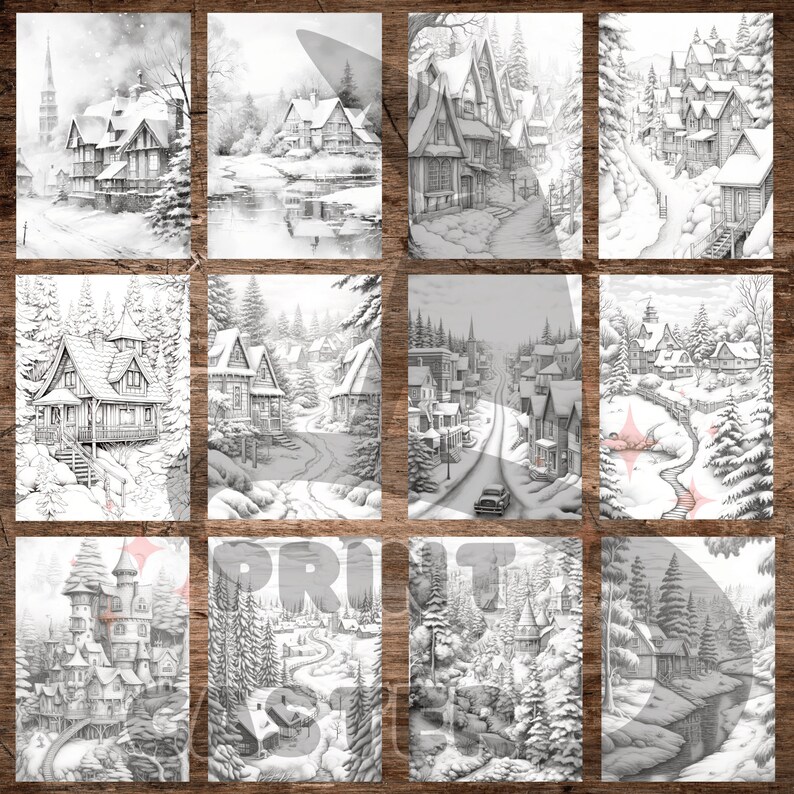 Snow Houses Color Pages: Digital Download Winter & Christmas Printable ...