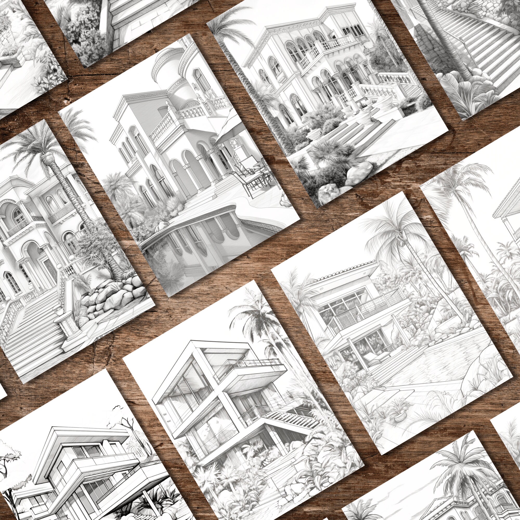 Luxury Villas Color Pages: Adult Coloring of Architecture, Grayscale ...