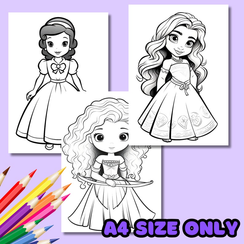 Princess Color Pages: Digital Illustration, Instant Download, Grayscale ...