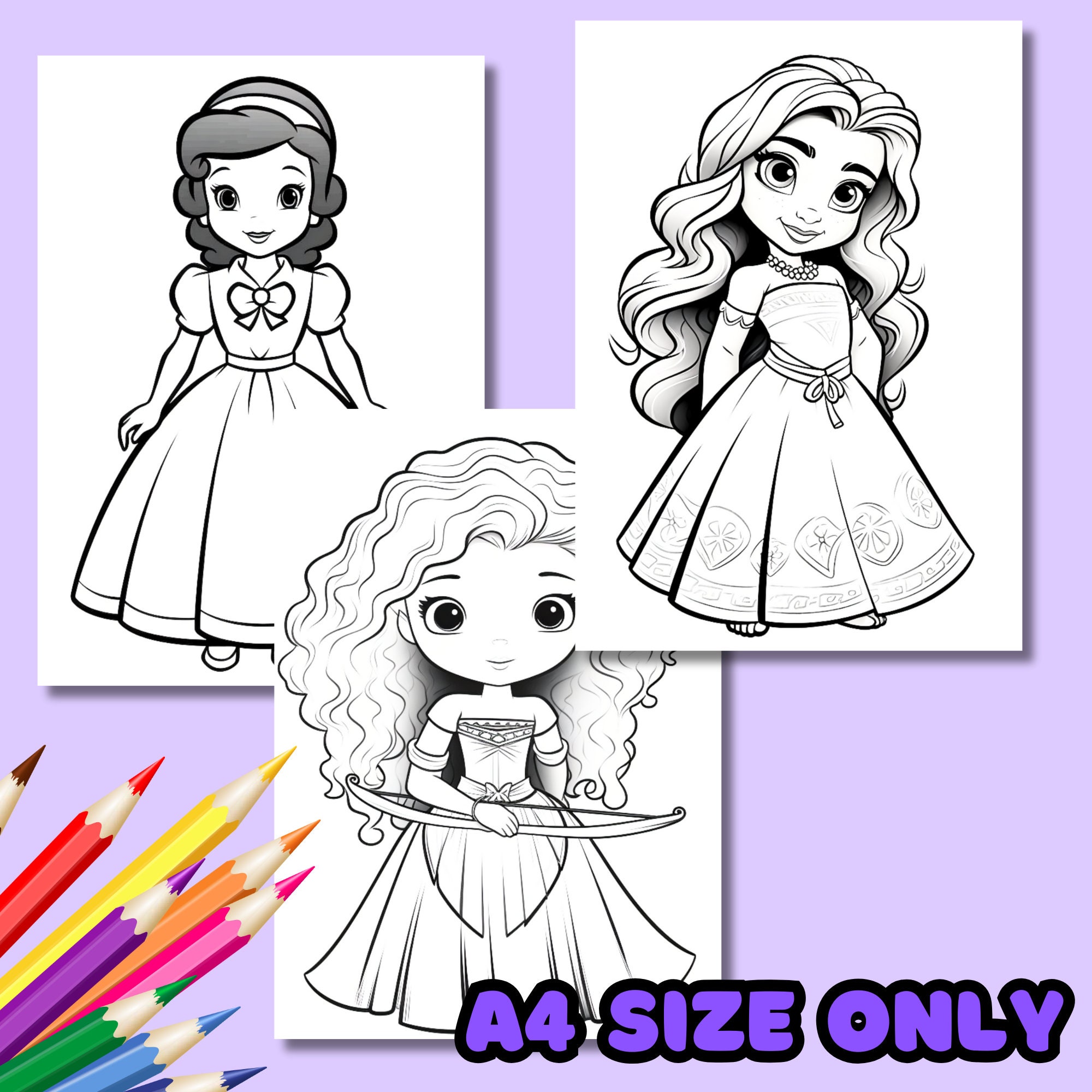 Princess Color Pages: Digital Illustration, Instant Download, Grayscale ...