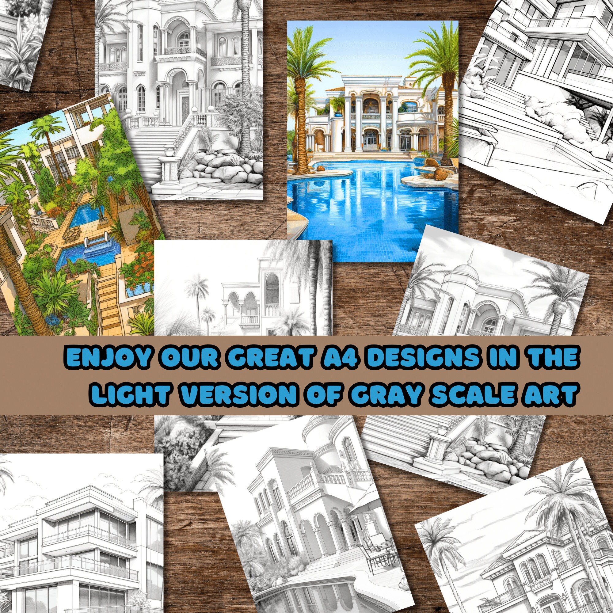 Luxury Villas Color Pages: Adult Coloring of Architecture, Grayscale ...