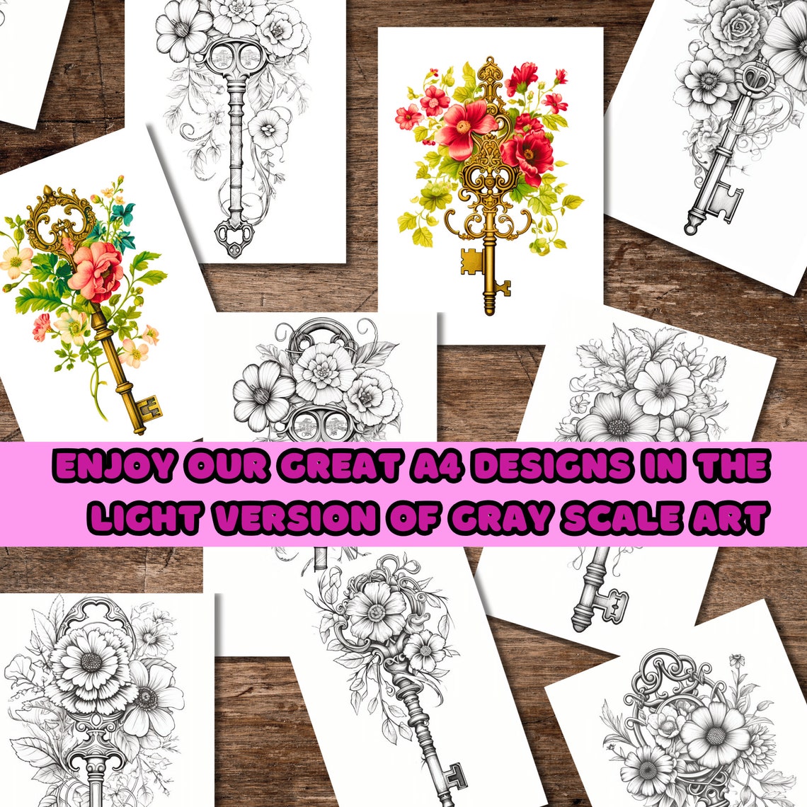 Blooming Antique Keys Coloring, Adult Coloring Book, Flower Key Color ...
