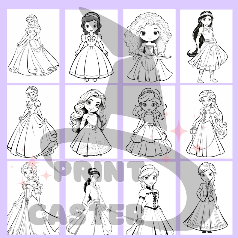 Princess Color Pages: Digital Illustration, Instant Download, Grayscale ...
