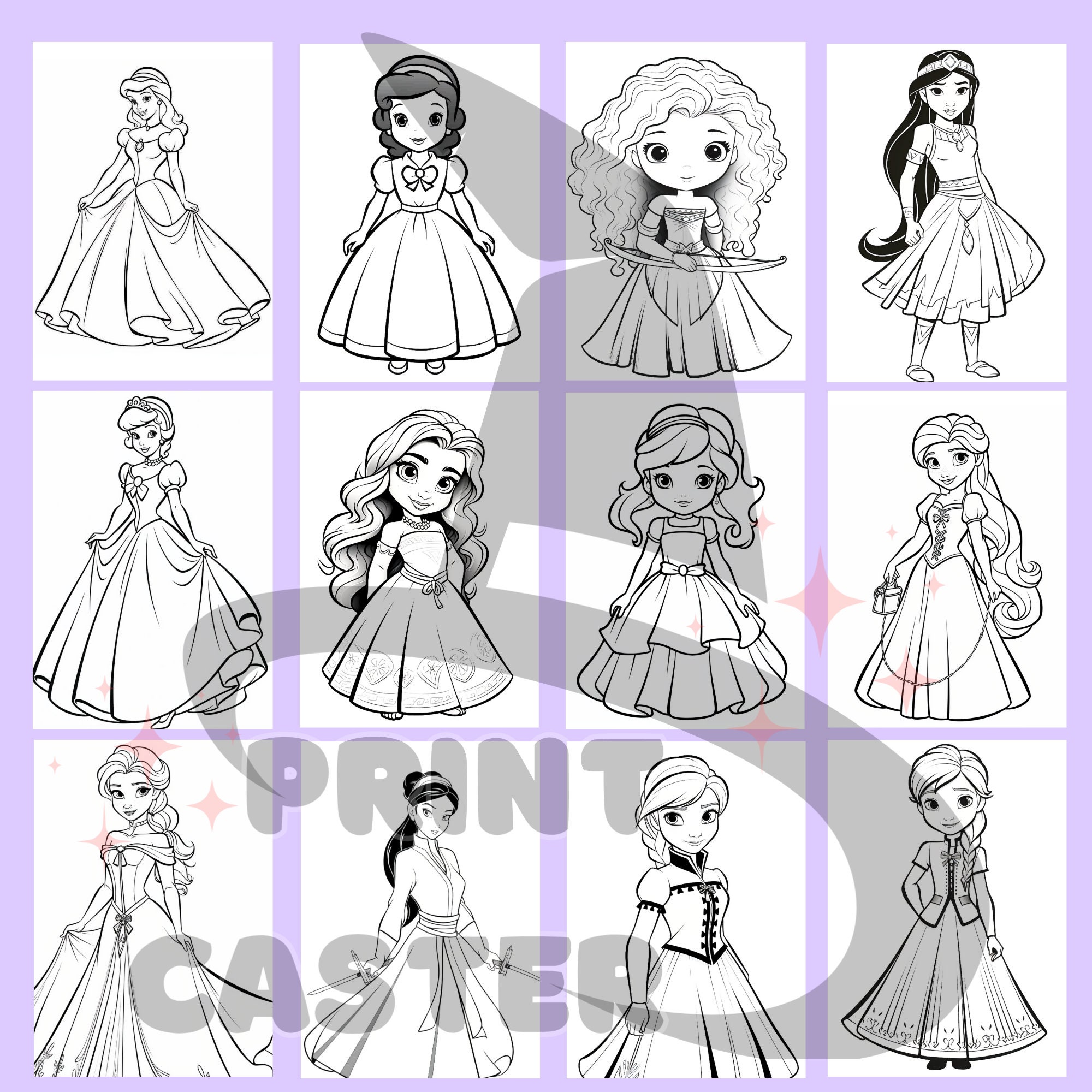 Princess Color Pages: Digital Illustration, Instant Download, Grayscale ...