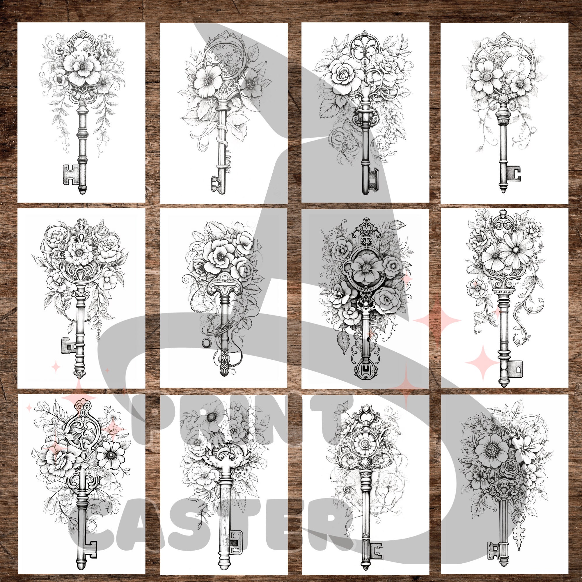 Blooming Antique Keys Coloring, Adult Coloring Book, Flower Key Color ...