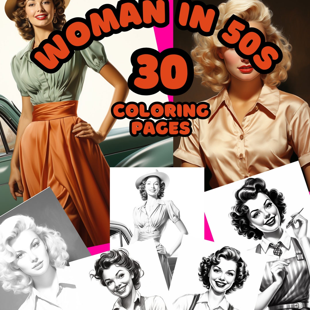1950's Vintage Woman Printable Coloring Pages: Adult Coloring Book ...