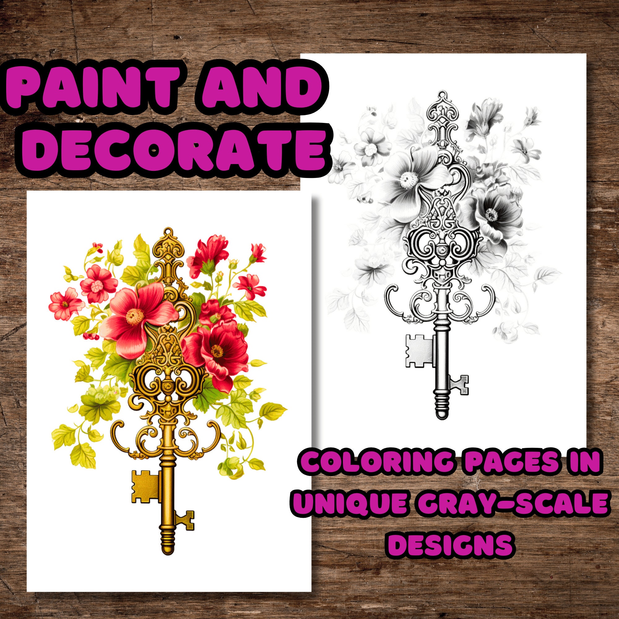 Blooming Antique Keys Coloring, Adult Coloring Book, Flower Key Color ...