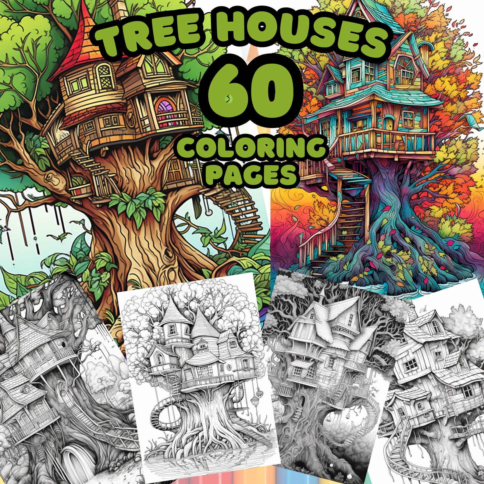 60 Tree Houses Coloring Book Fantastical Treehouse Coloring Pages ...