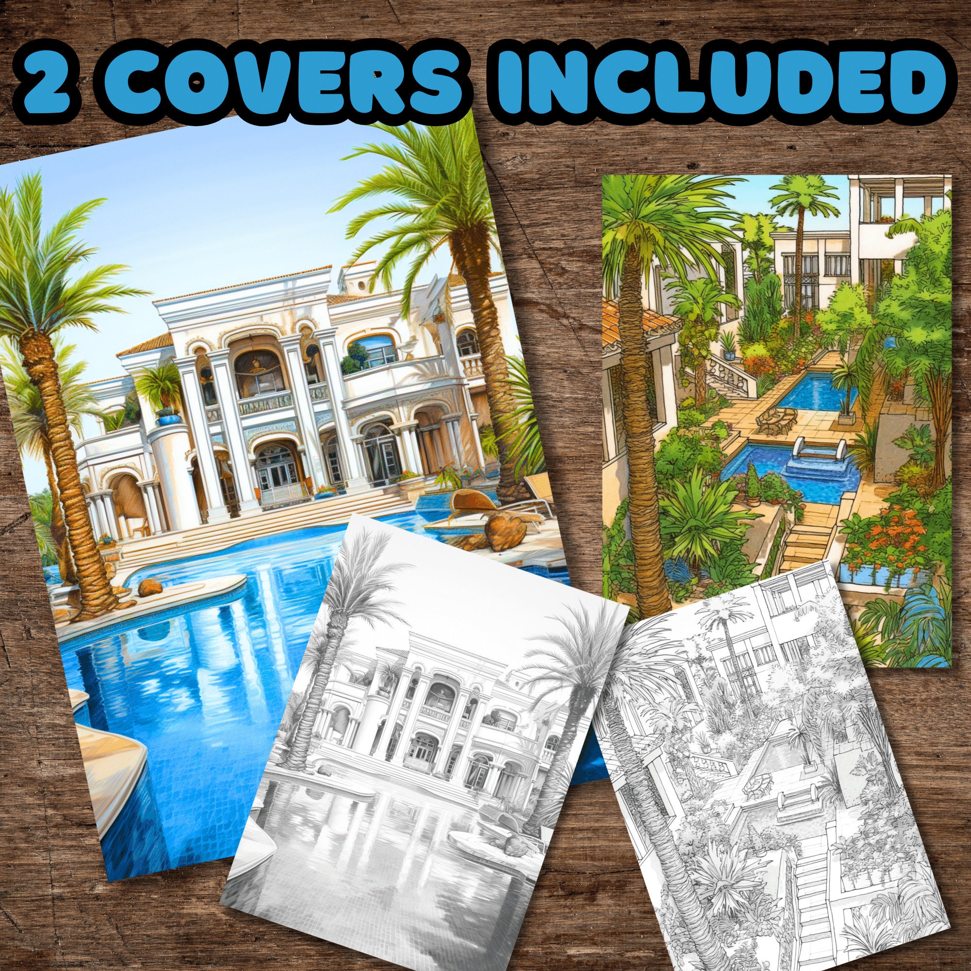 Luxury Villas Color Pages: Adult Coloring of Architecture, Grayscale ...