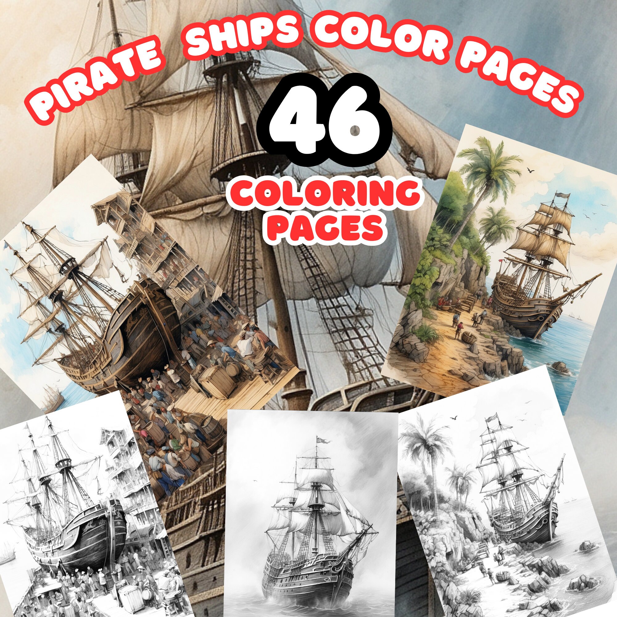 Pirate Ship Coloring Pages Nautical Adventure Adult Coloring Book Ghost ...