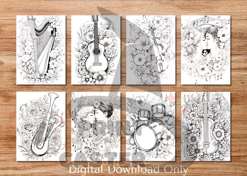 Floral Guitars and Musical Instruments Coloring Pages - Detailed ...