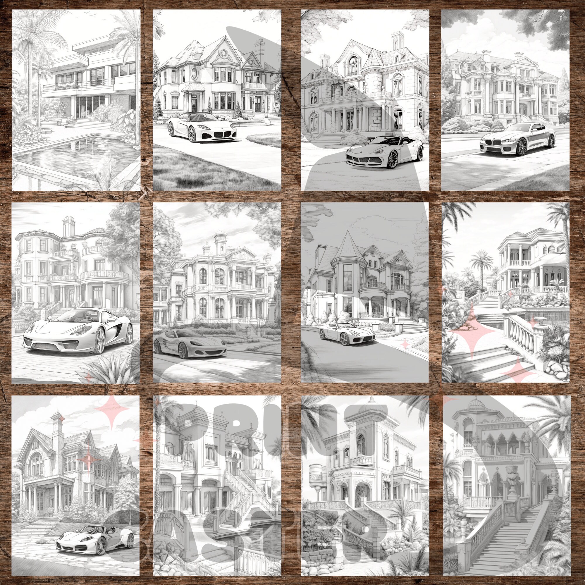 Luxury Villas Color Pages: Adult Coloring of Architecture, Grayscale ...